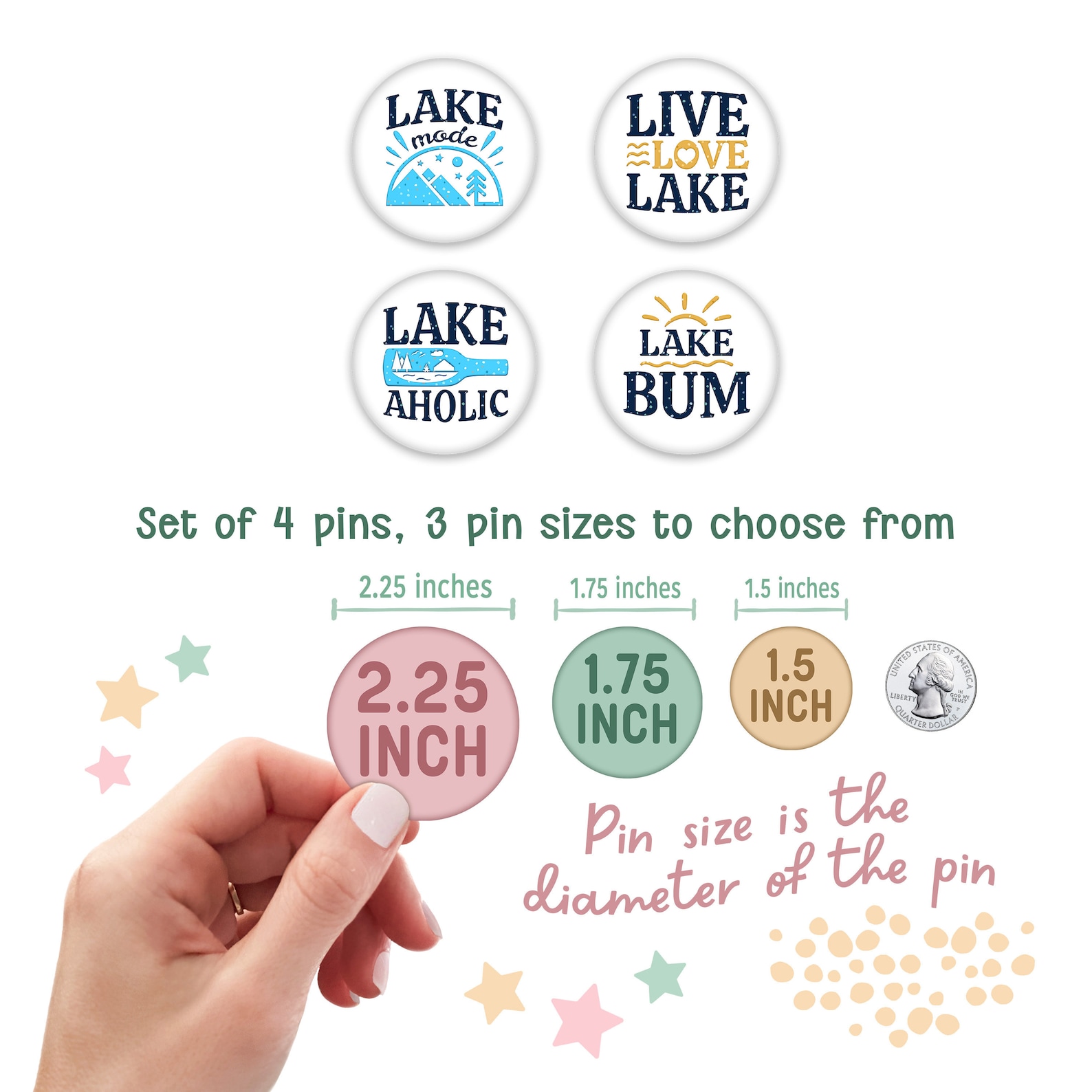 Lake Themed Pin Back Buttons. Set of 4. 3 Pin Sizes to Choose From. - Etsy