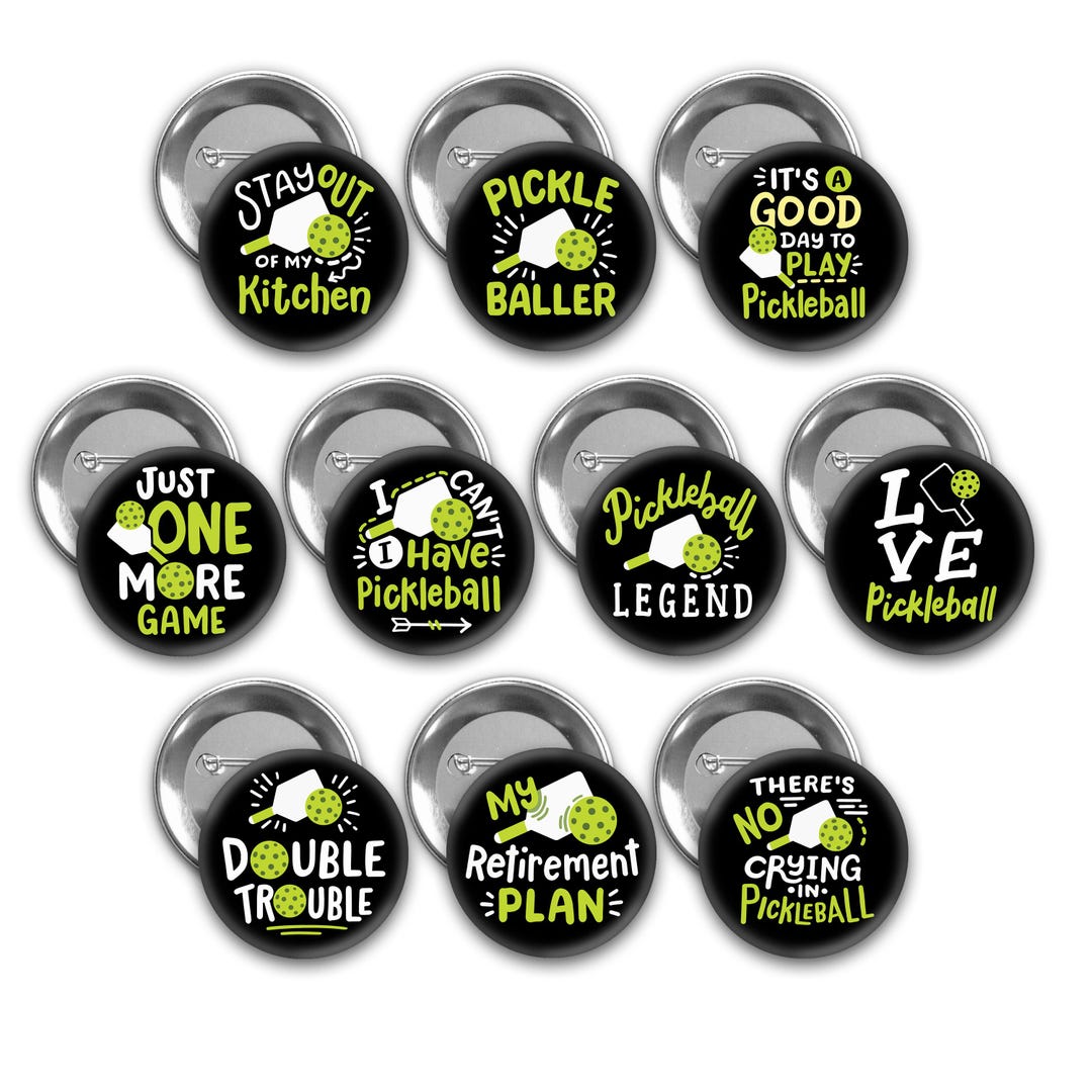 Pickleball Themed Pin Back Buttons. Set of 10. 3 Pin Sizes to Choose ...