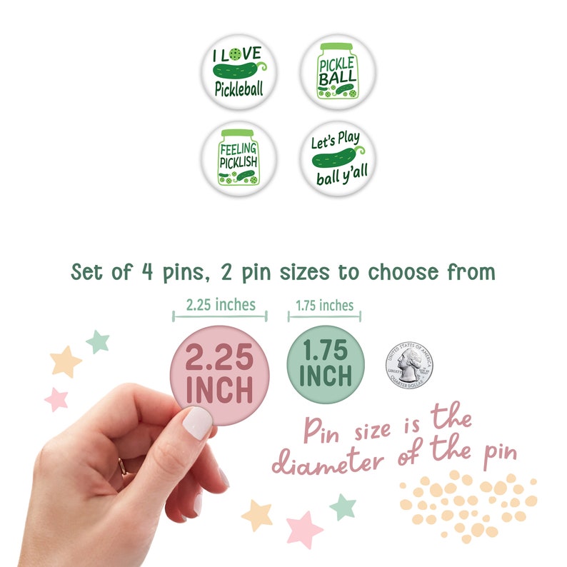 Pickleball Themed Pin Back Buttons. Set of 4. 2 Pin Sizes to Choose ...