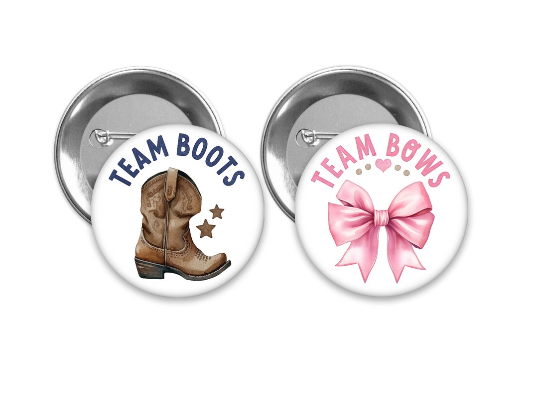 Team Boots or Team Bows Themed Gender Reveal Pins. Pink Bow and Brown ...