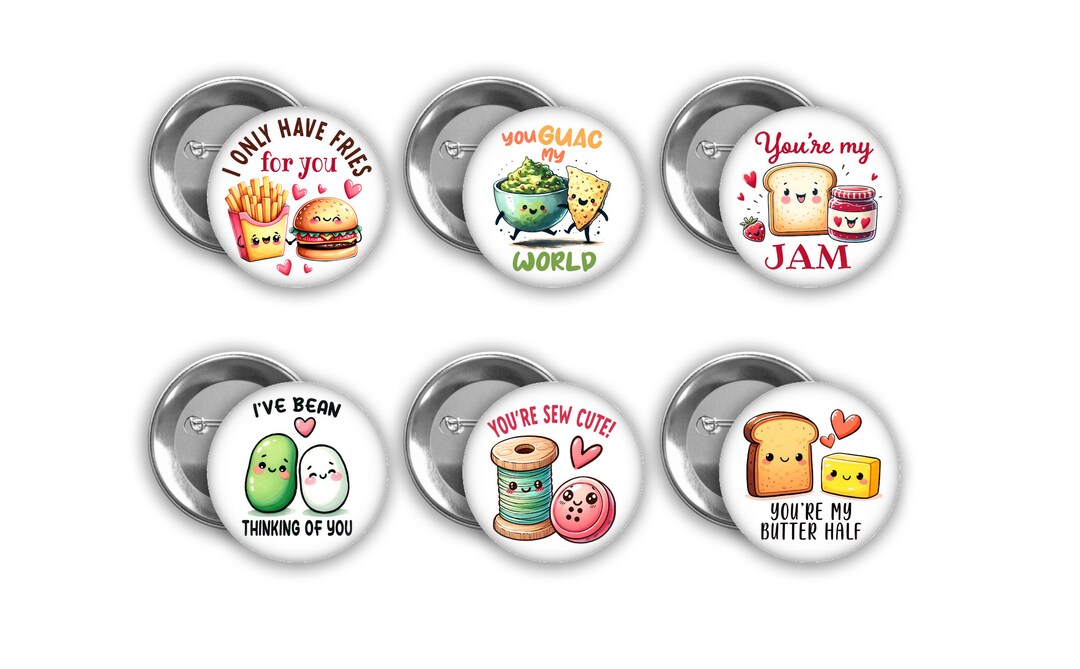Super Cute Food Puns Love Valentines Pin Back Buttons. Set of 6. 2 Pin ...