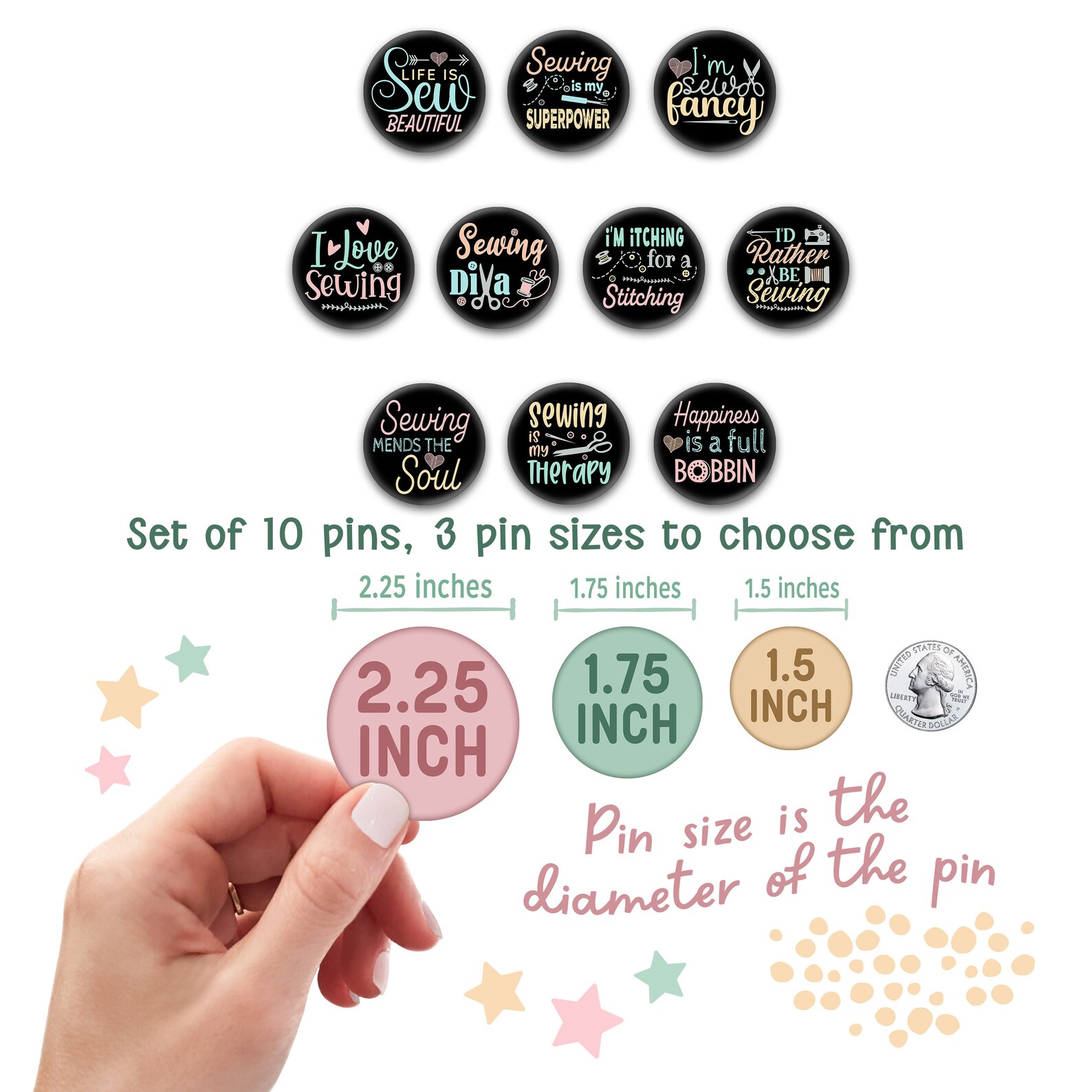 Sewing Themed Pin Back Buttons. Set of 10. 3 Pin Sizes to Choose From ...