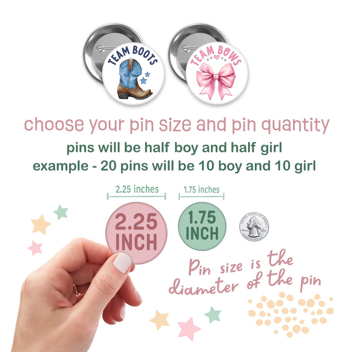 Team Boots or Bows Gender Reveal Pins: Brown, Blue Boot and Pink Bow ...