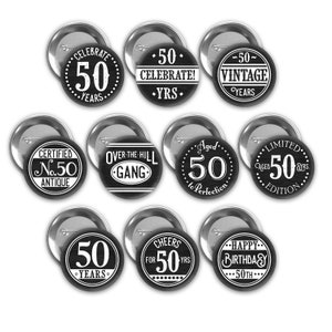 50th Birthday Chalkboard Style Pins. Set of 10. 2 Pin Sizes to Choose ...