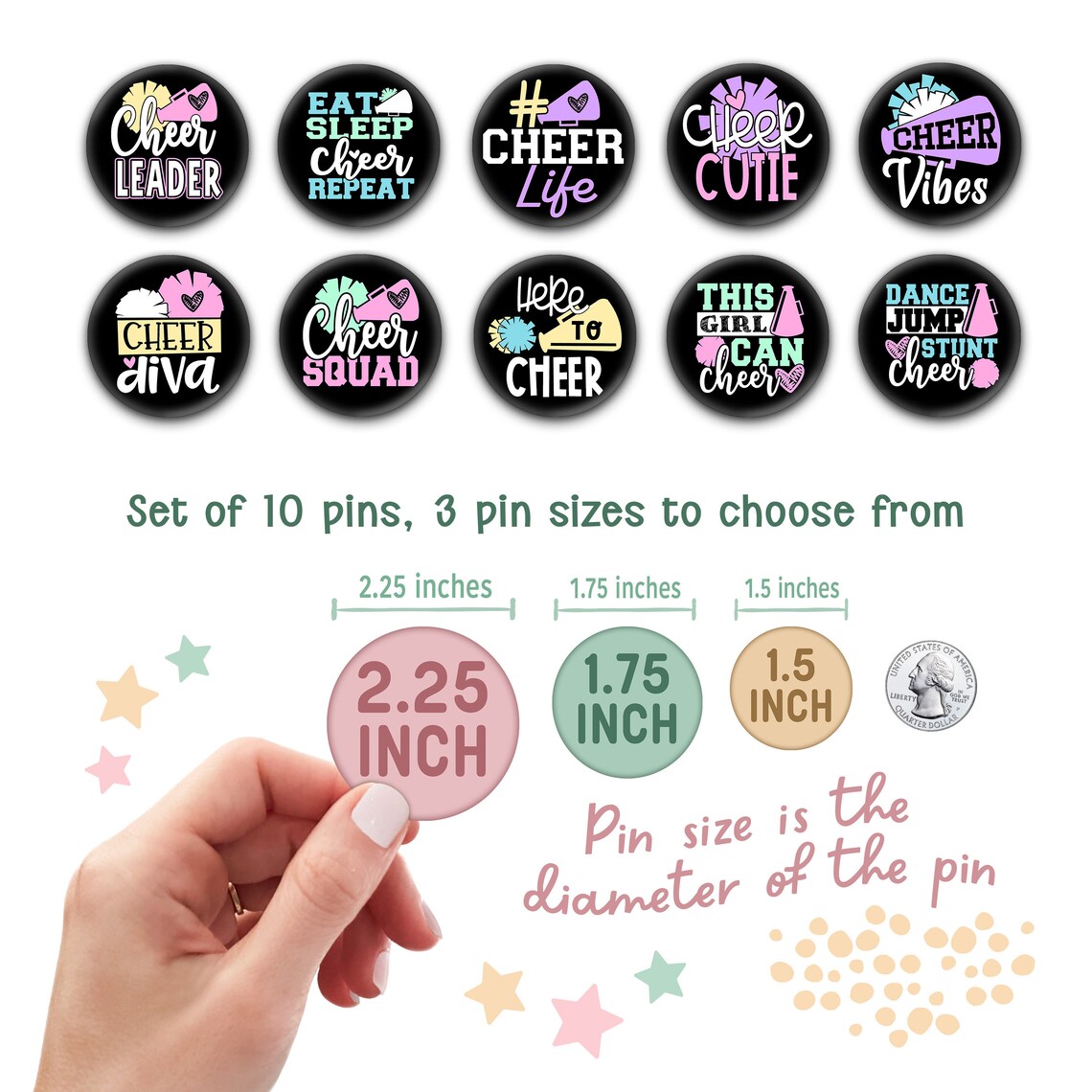 Cheer, Cheerleading Pin Back Buttons. Set of 10. 3 Pin Sizes to Choose ...