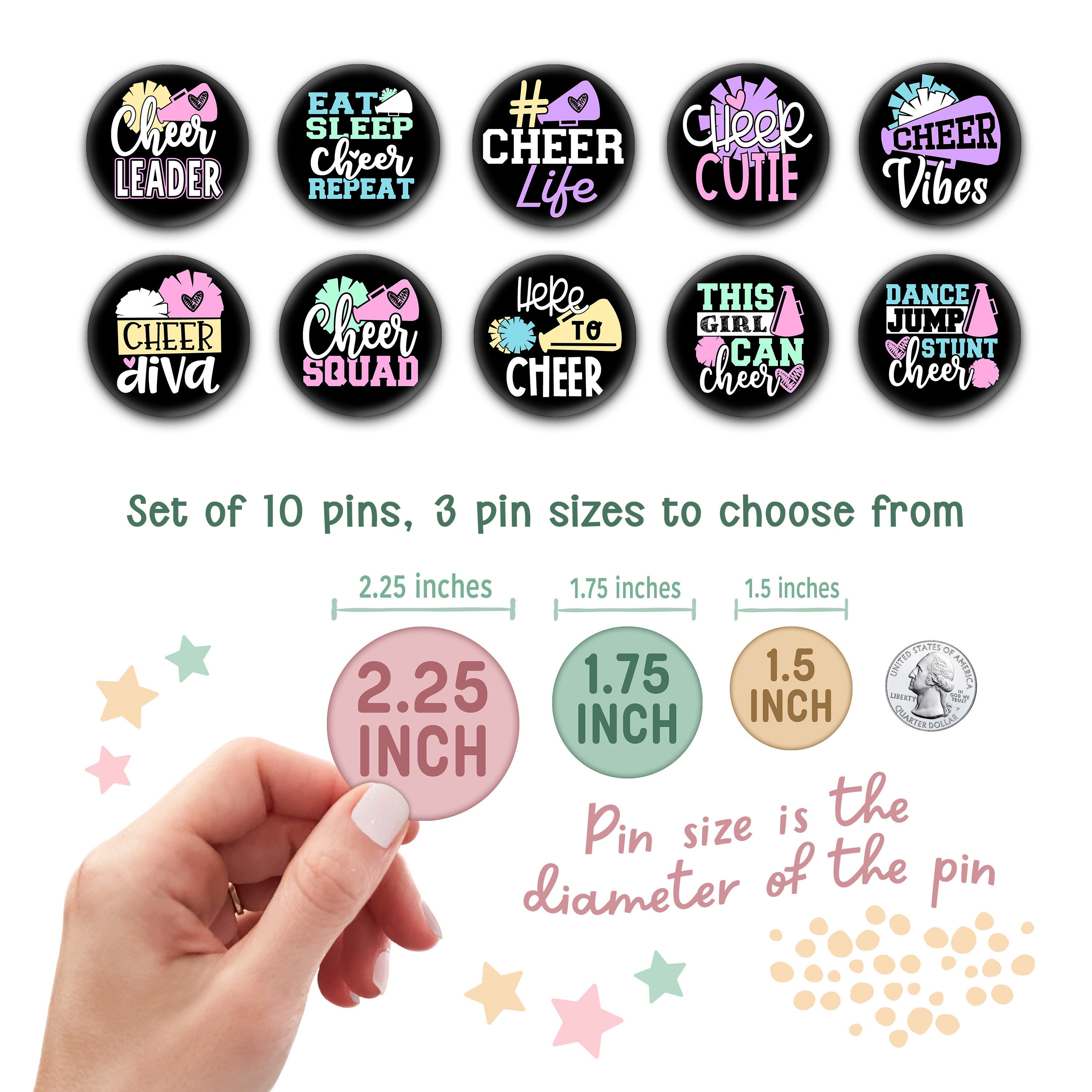 Cheer, Cheerleading Pin Back Buttons. Set of 10. 3 Pin Sizes to Choose ...