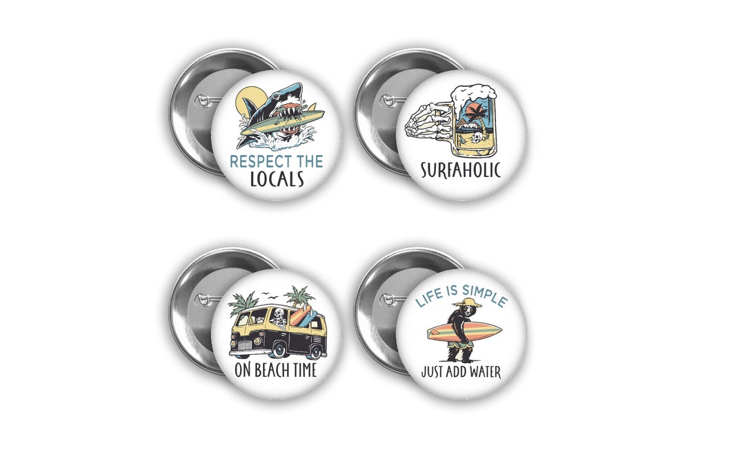 Surfing Themed Pin Back Buttons. Set of 4. 2 Pin Sizes to Choose From ...