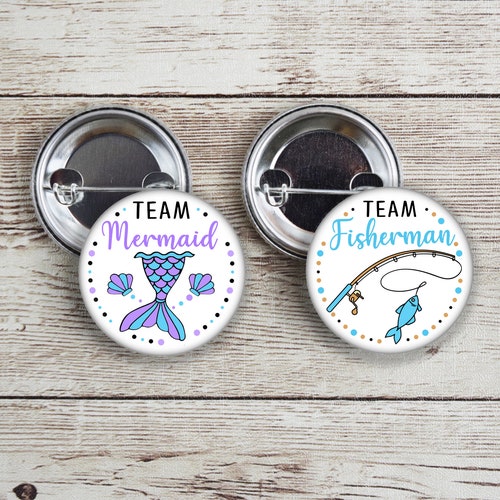 Team Mermaid and Team Fisherman Gender Reveal Pins With Purple | Etsy