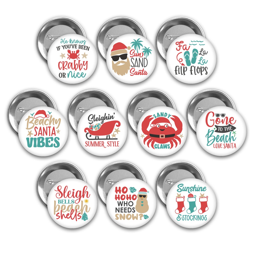 Beachy Christmas Pin Back Buttons. Set of 10. 3 Pin Sizes to Choose ...