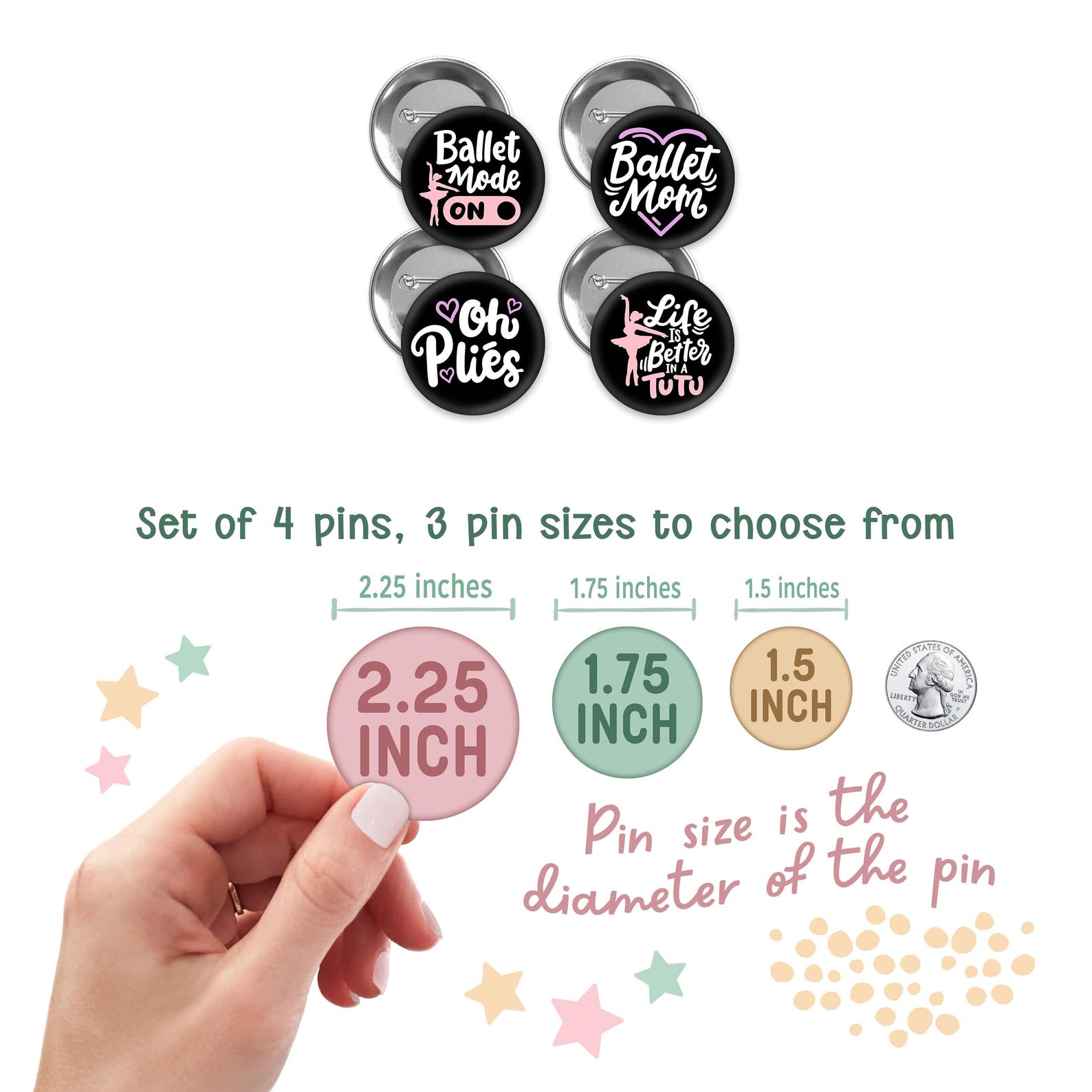Ballet Themed Pin Back Buttons. Set of 4. 3 Pin Sizes to Choose From ...