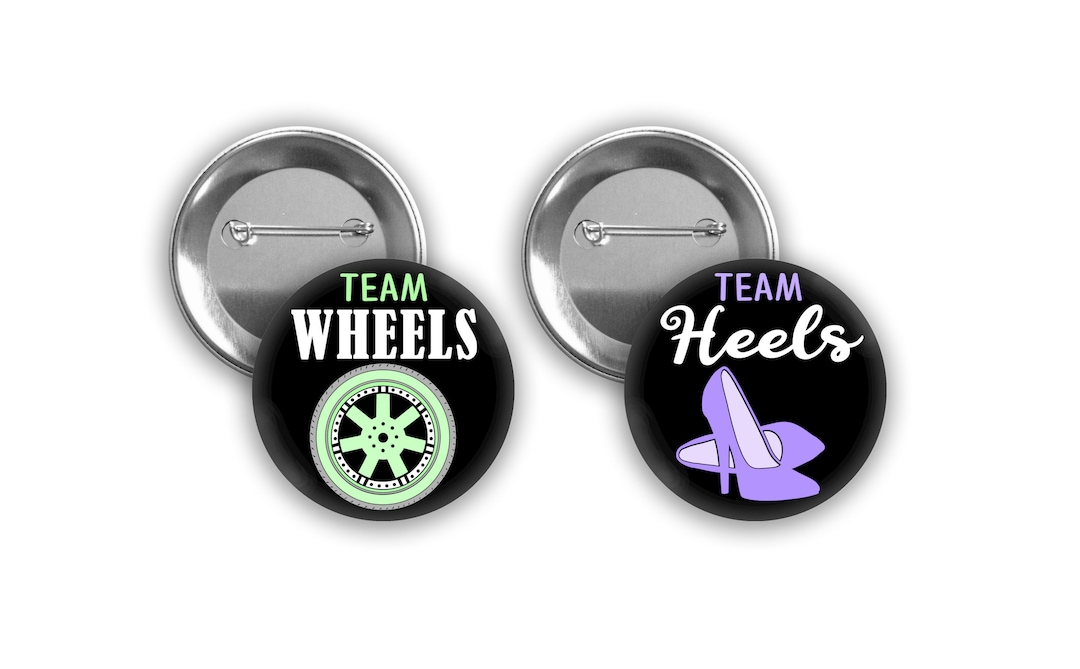 Team Wheels and Team Heels Purple and Green Gender Reveal Pins With ...