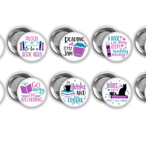 Reading Books Themed Pin Back Buttons. Set of 10. 3 Pin Sizes to Choose ...