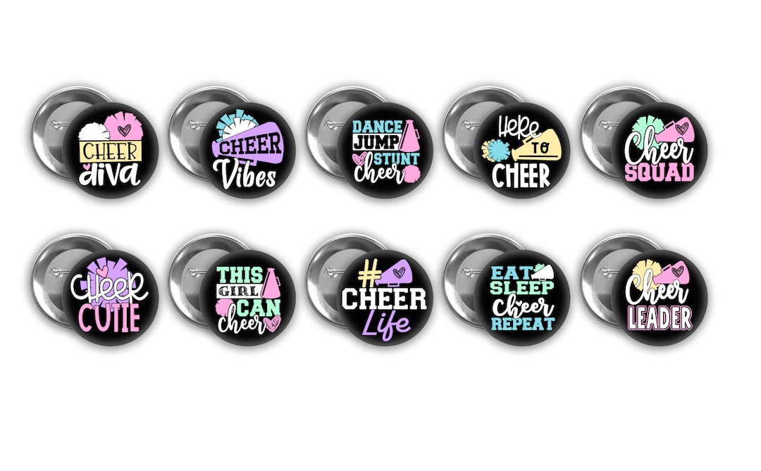 Cheer, Cheerleading Pin Back Buttons. Set of 10. 3 Pin Sizes to Choose ...