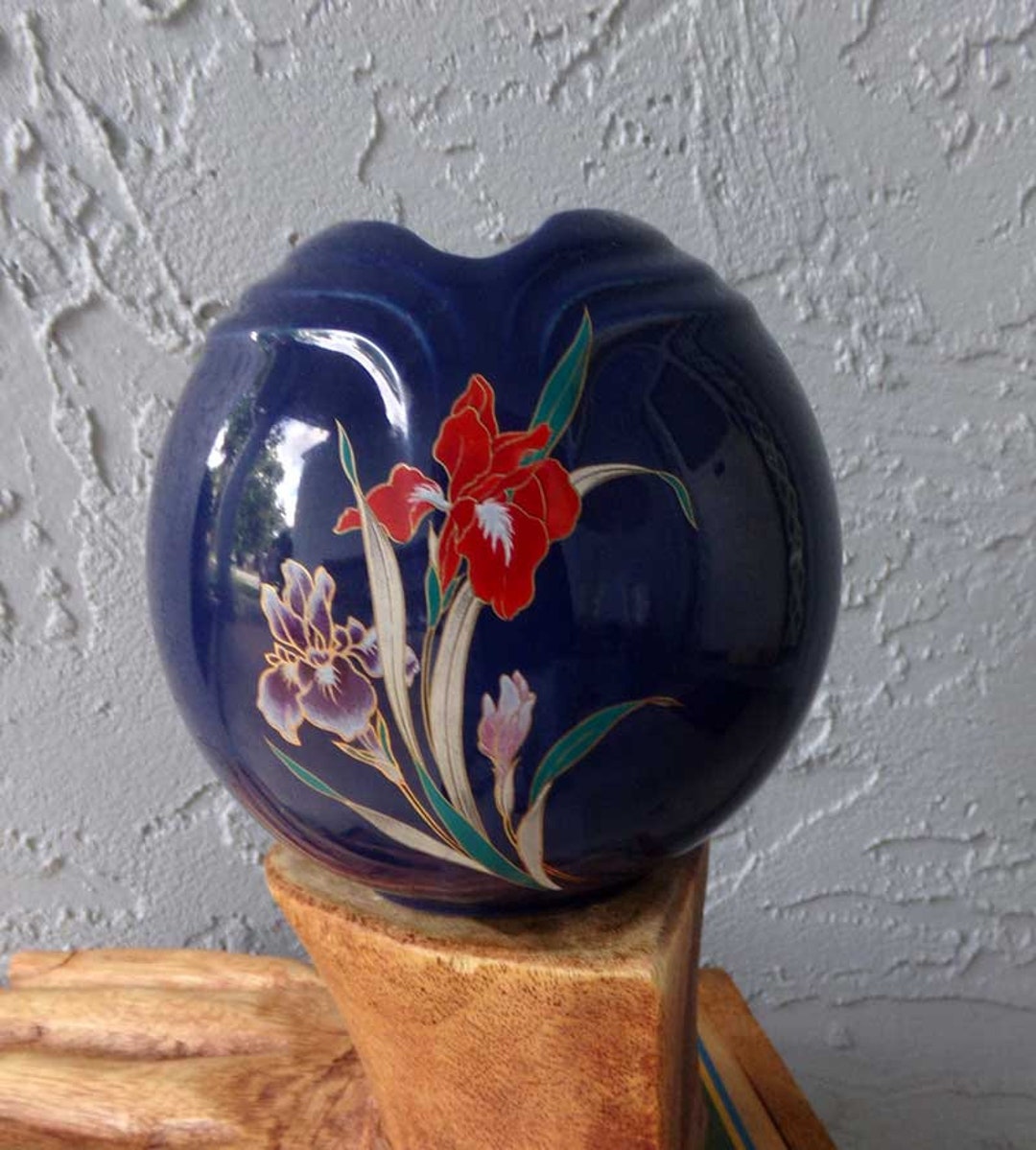 Blue Floral Vase, Vintage Blue Vase With Floral Design, Japanese Flower ...