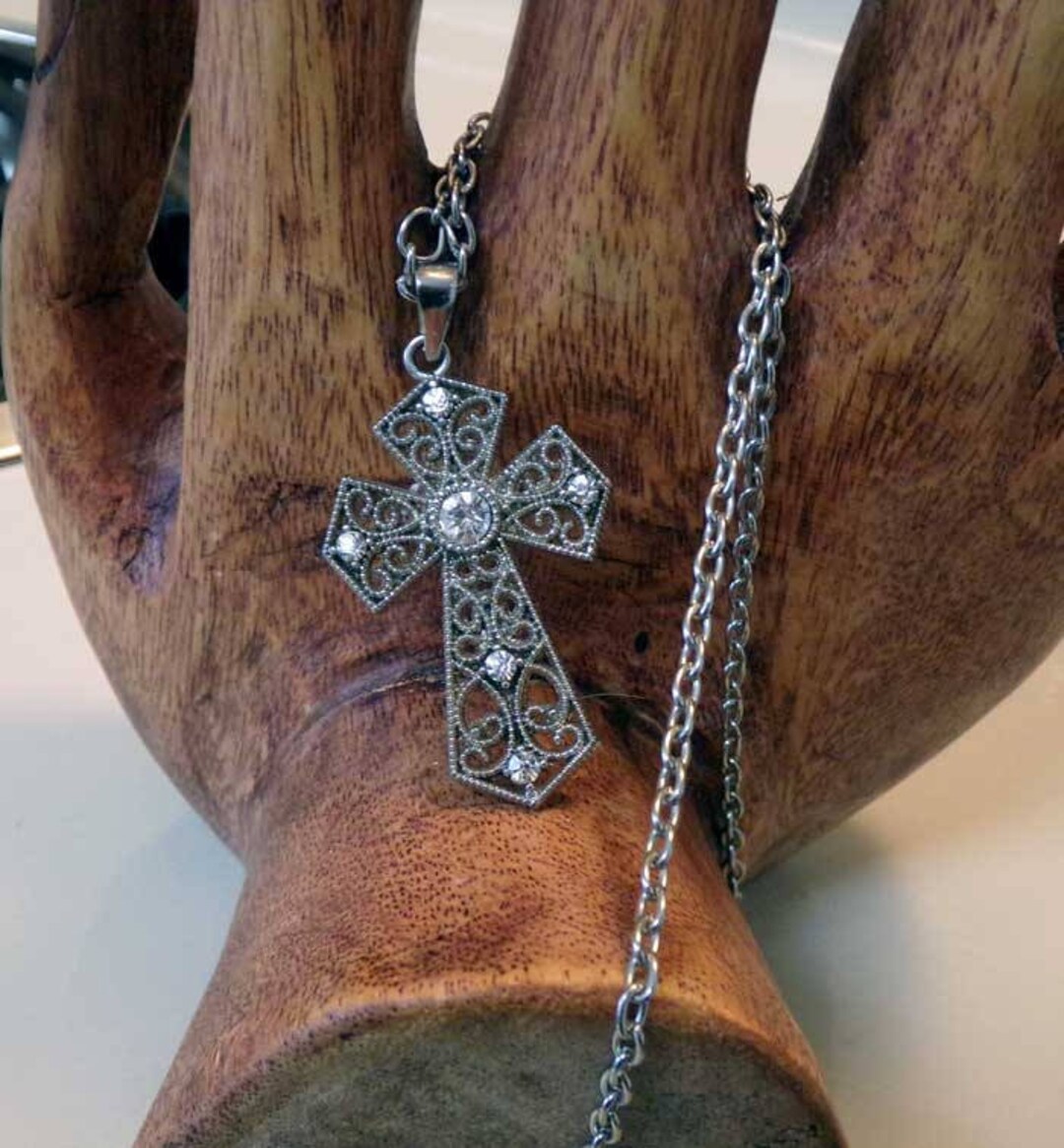Vintage Cross Necklace, Metal Cross Necklace, Rhinestone Cross ...