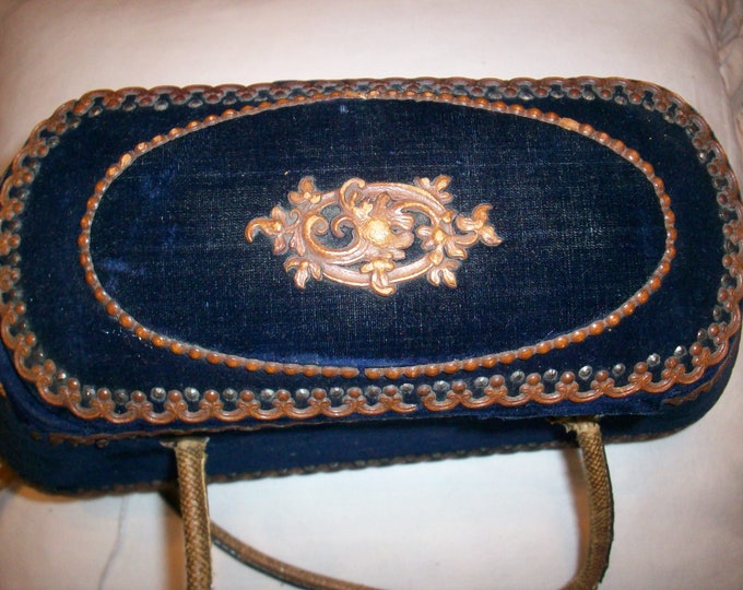 Victorian Sewing Box in Rich Navy Blue Silk Velvet With Cut Steel Beads ...