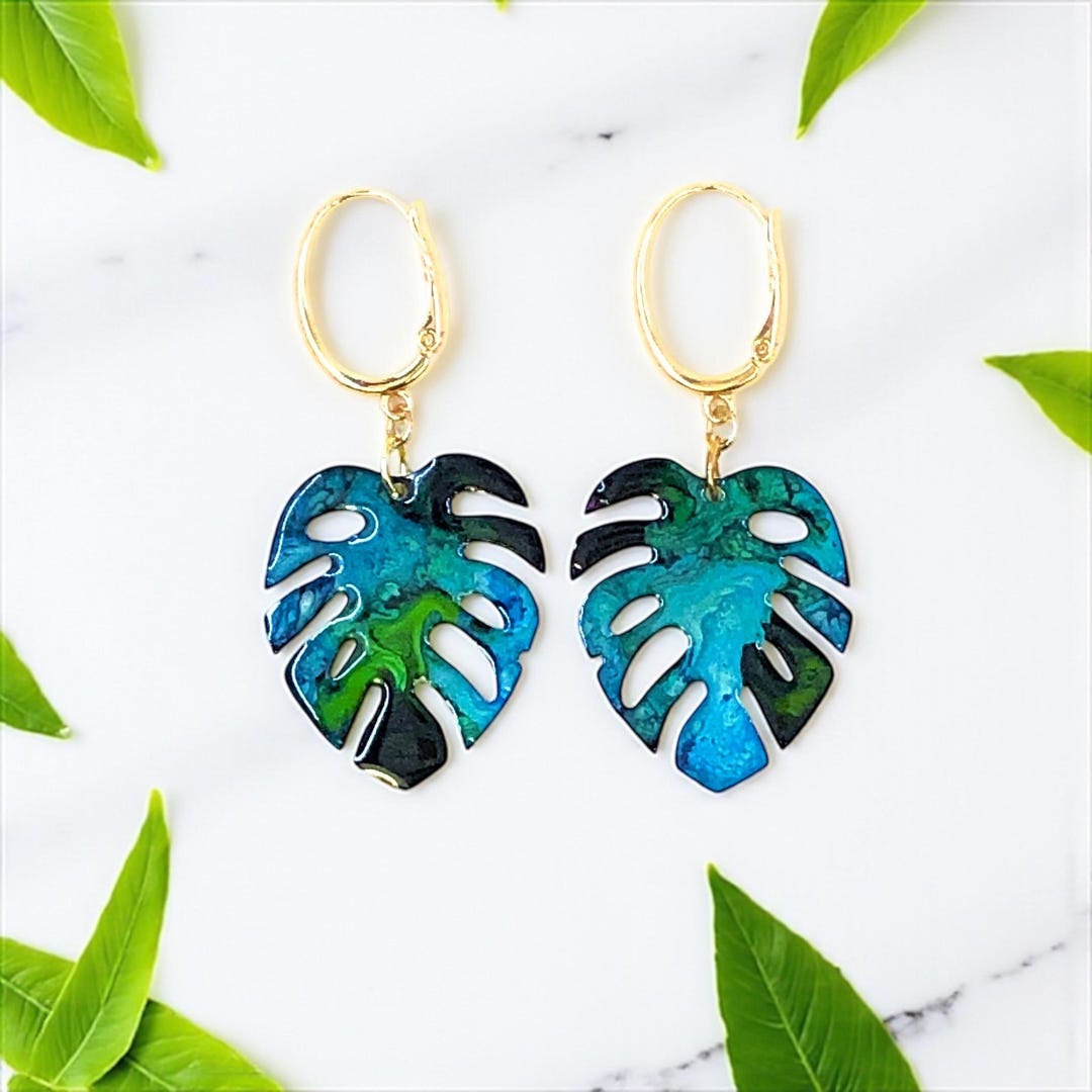 Monstera Leaves Earrings, Palm Leaf Dangle Epoxy Resin in Green & Blue ...