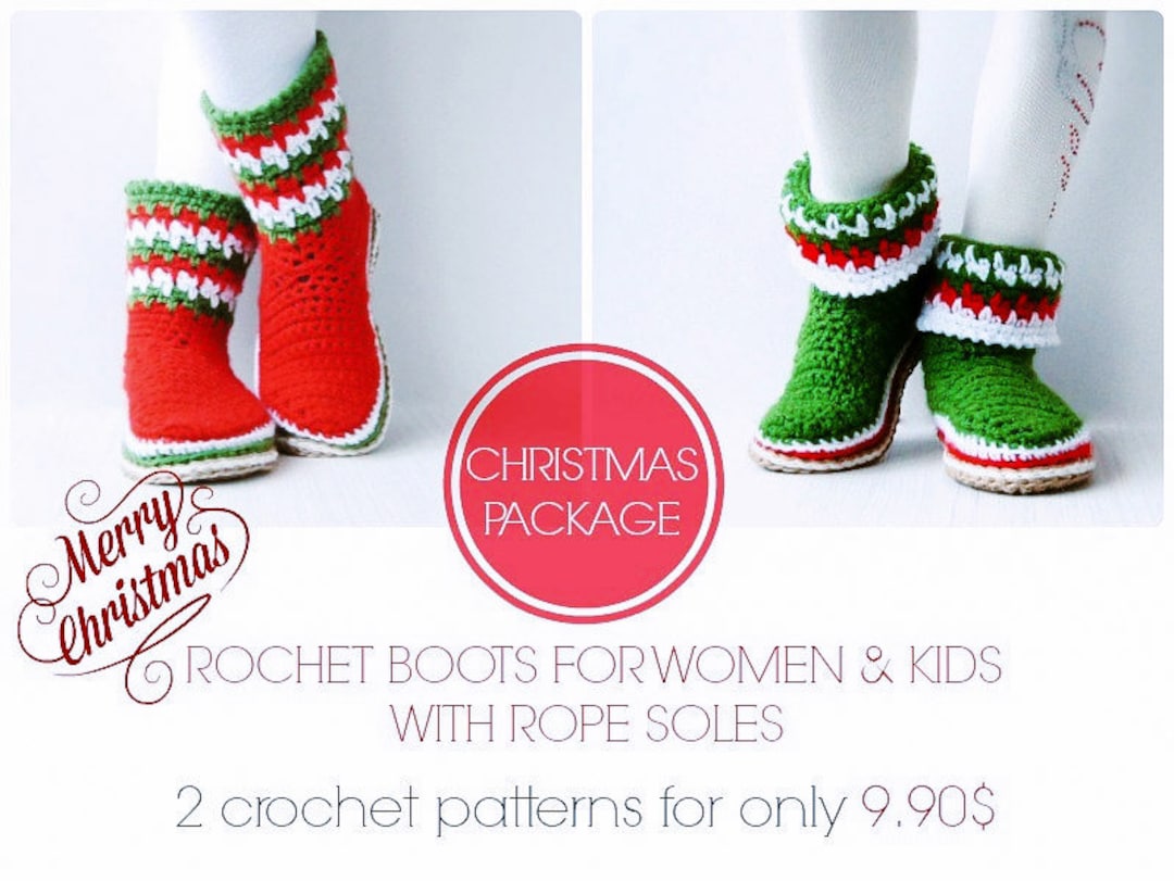 Christmas Package! 2 Crochet Patterns for Xmas Boots,for Women & Kids ...