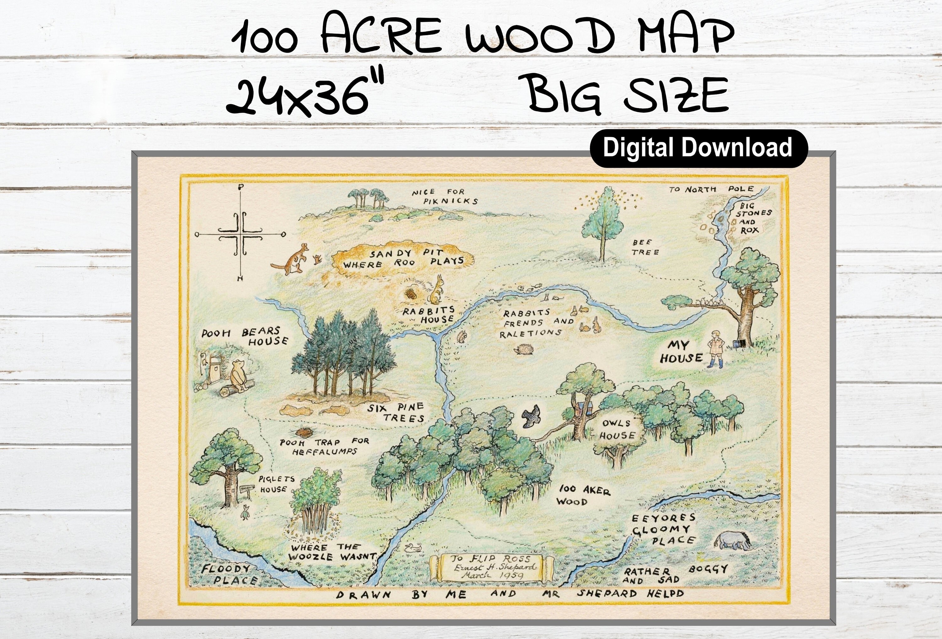 Hundred Acre Wood Map Winnie the Pooh 24x36 Poster Baby Shower Birthday ...