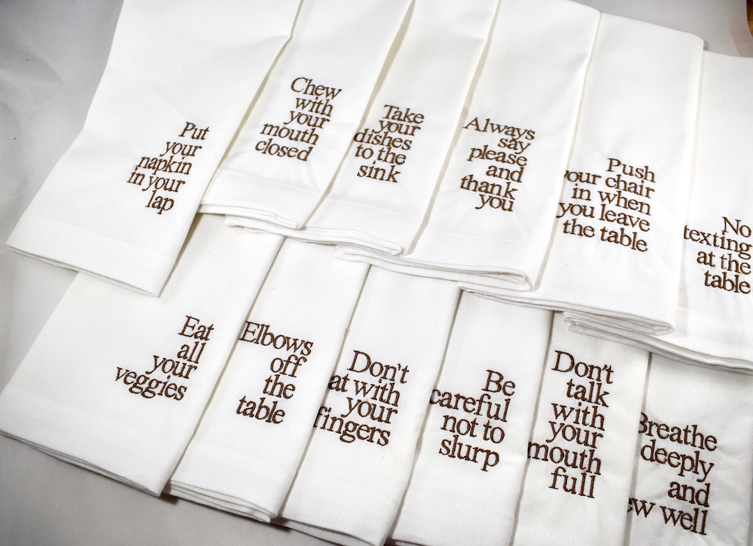 Embroidered White Cotton Napkins: Table Manners, Set of 12 - Etsy