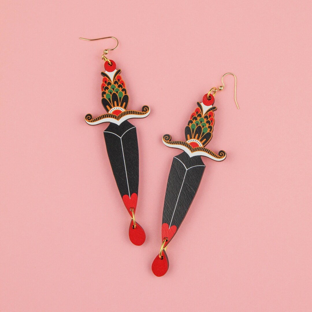 Big Dagger Earrings Tattoo Flash Style Punk Rock Dagger Earrings Wooden ...
