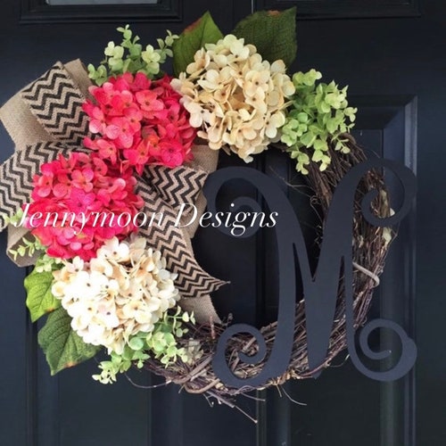 Pink and Cream Hydrangea Wreath Monogram Wreath Wreath - Etsy
