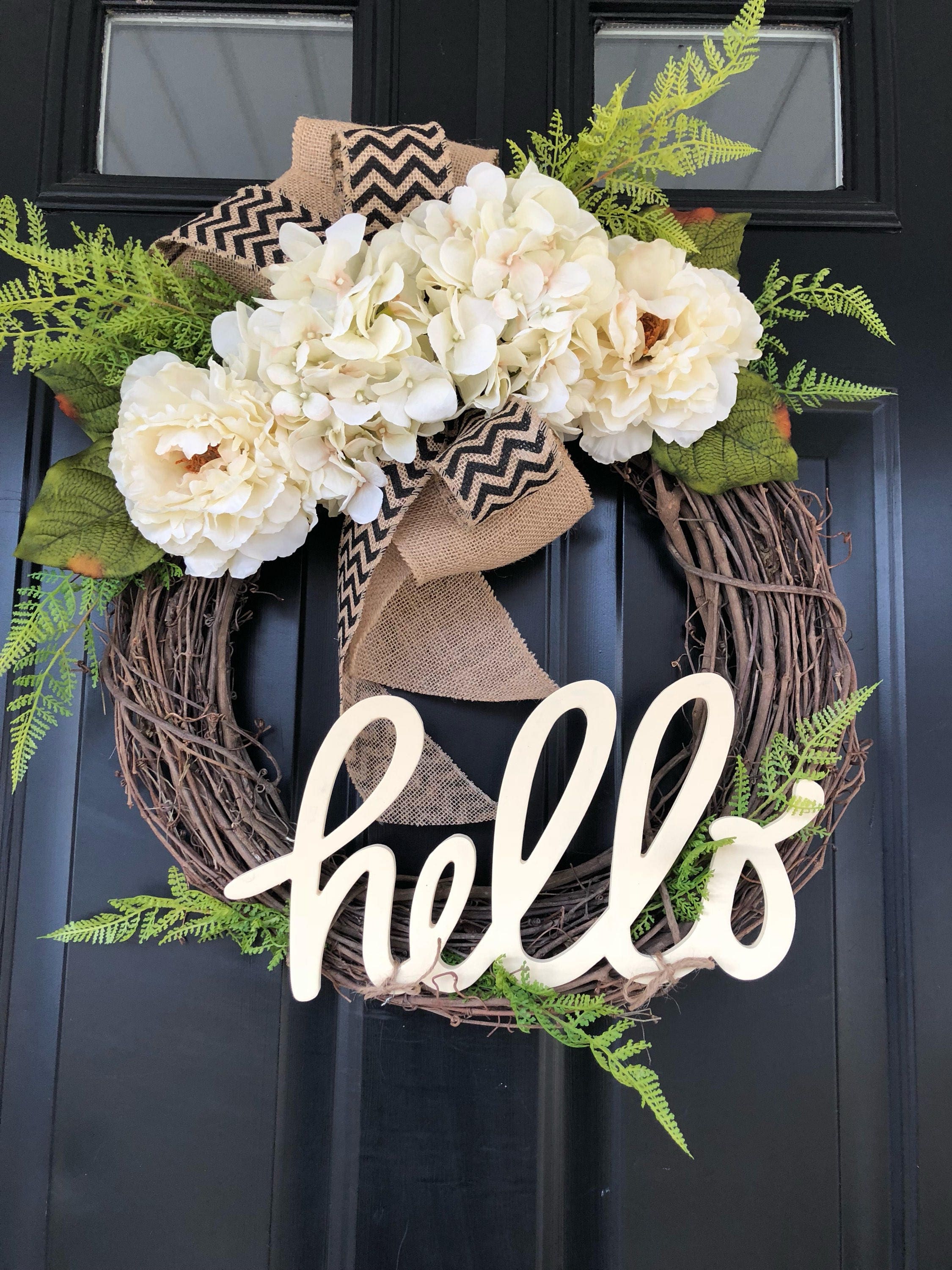 NEW Hello Wreath wreath hydrangea Chevron Peony Fern Wreath | Etsy