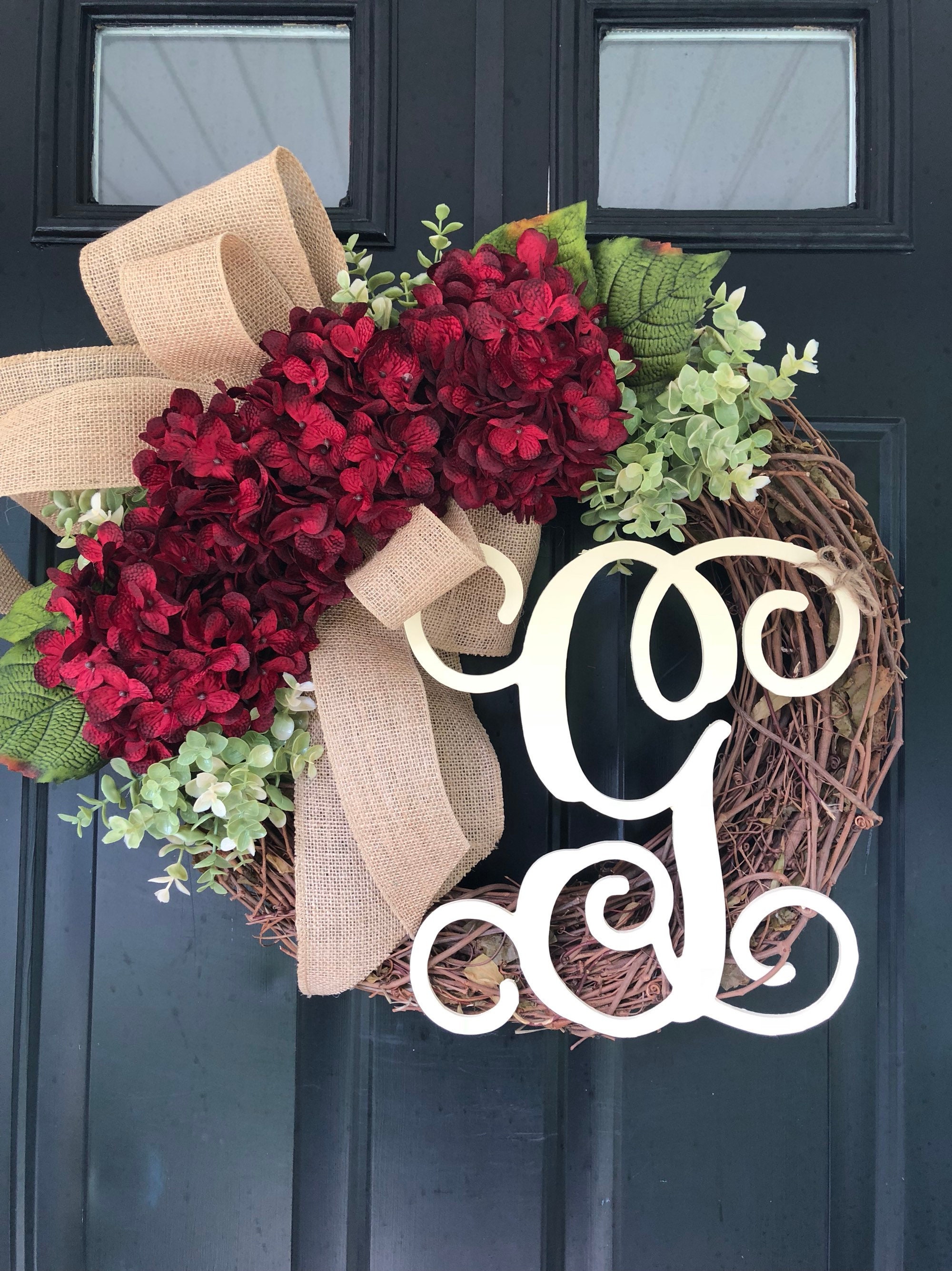 Fall Wreath Wreath Red Hydrangea Burlap Monogram Wreaths | Etsy