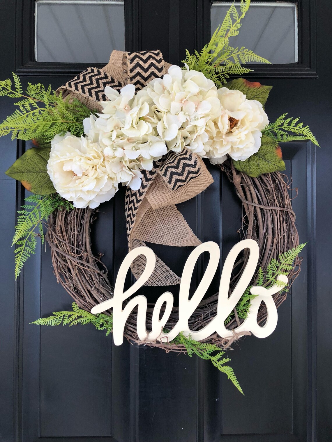 NEW Hello Wreath wreath hydrangea Chevron Peony Fern Wreath | Etsy