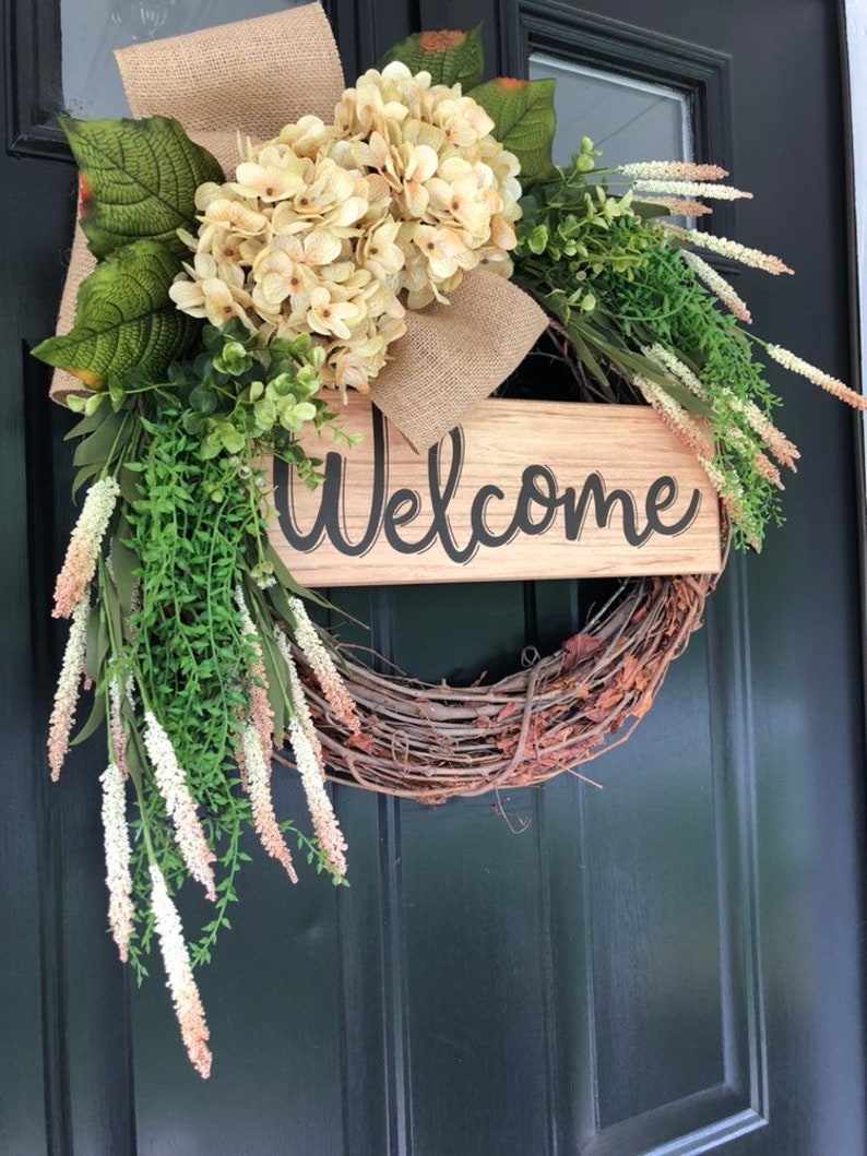 Welcome Wreath - Country Cream Hydrangea Burlap Wreath - All Year Long ...