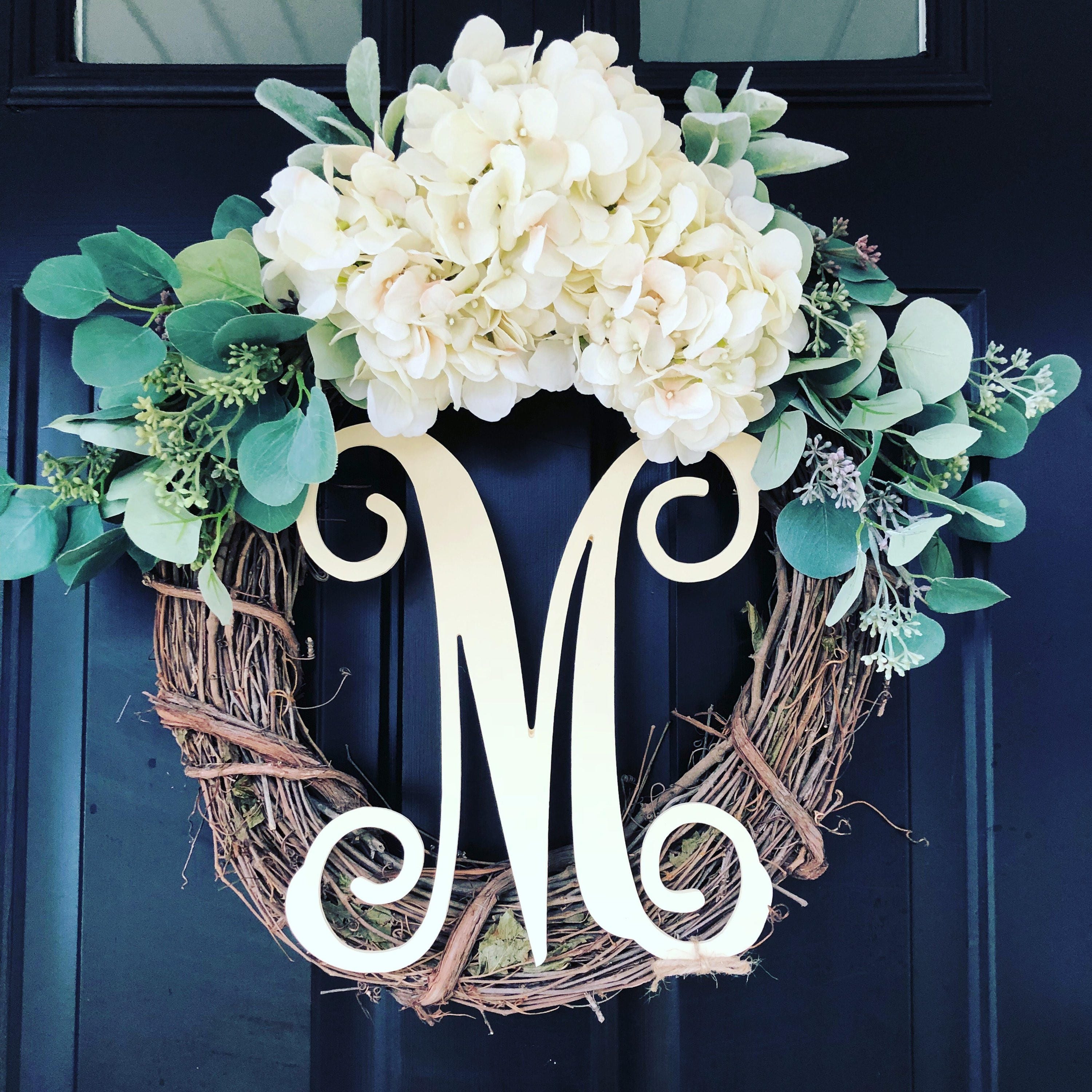 NEW -spring Wreath -hydrangea Eucalyptus Monogrammed Wreath -wreaths ...