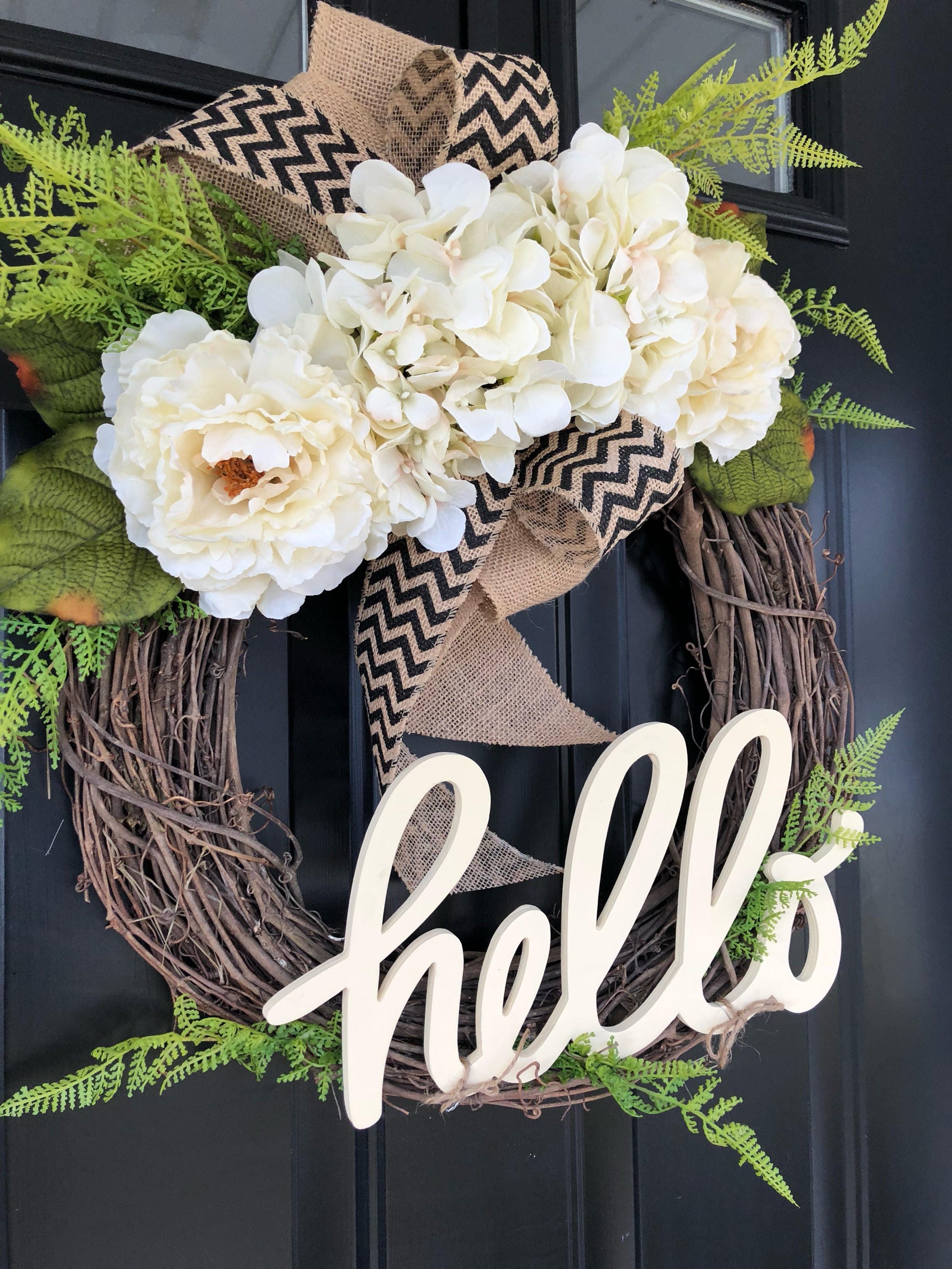 NEW Hello Wreath wreath hydrangea Chevron Peony Fern Wreath | Etsy