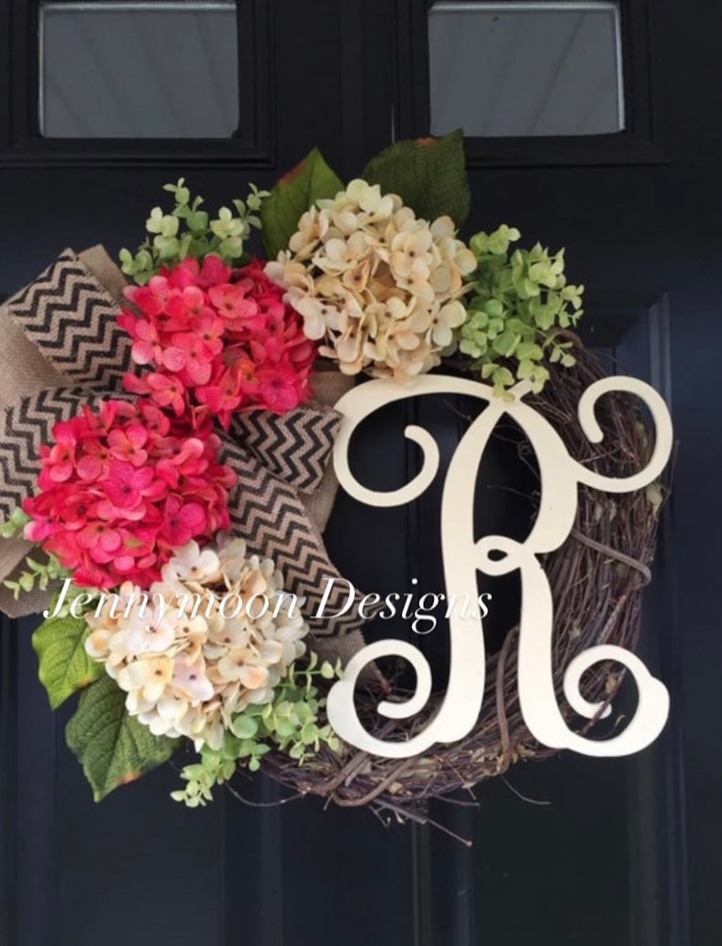 Pink and Cream Hydrangea Wreath Monogram Wreath Wreath - Etsy