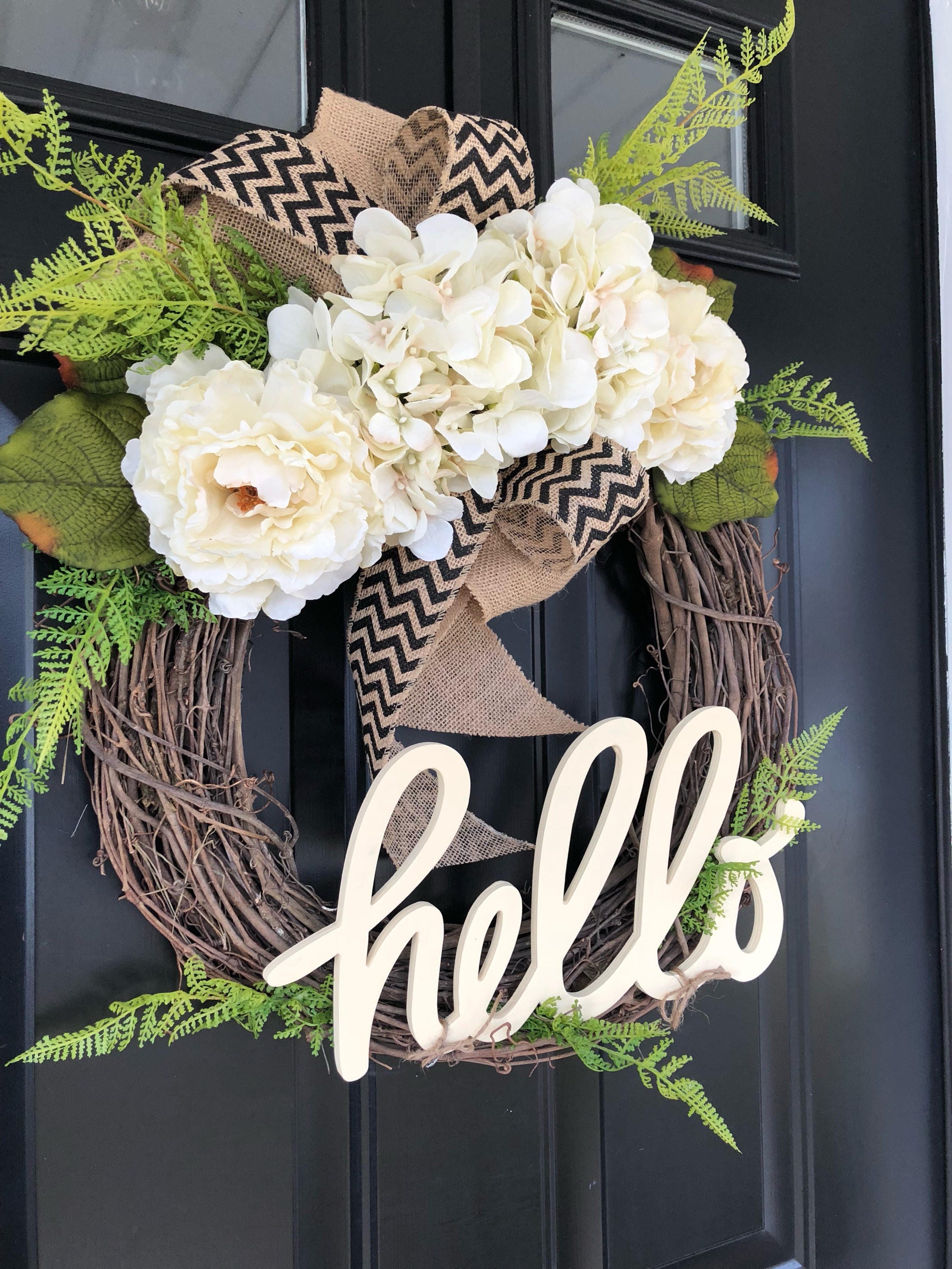 NEW Hello Wreath wreath hydrangea Chevron Peony Fern Wreath | Etsy
