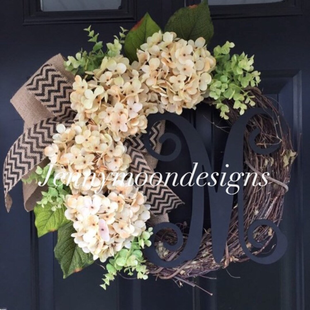 Wreath - Everyday Wreath - Cream Hydrangea Burlap Chevron Wreath - Monogrammed Wreath ...