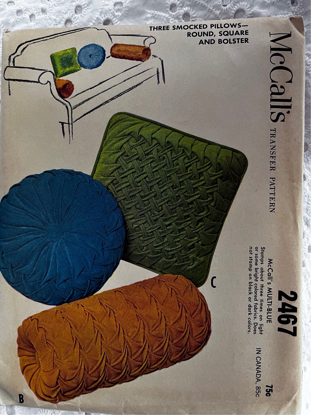 Three Smocked Pillows Transfer Round Pillow 15" Long Bolster 12" Square ...