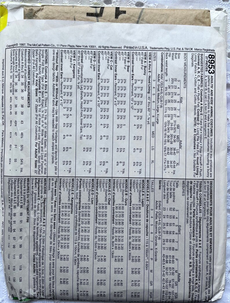 Disfraces de león, conejo, gato y oso en tallas mediana (34/36). Patrón ...