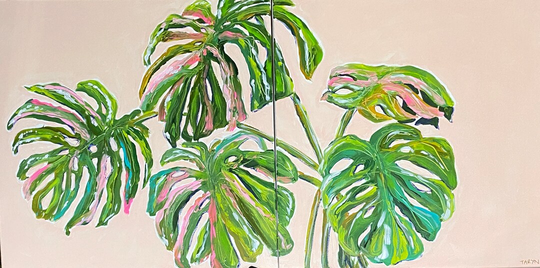 Pink Monstera Painting Monstera House Plant Painting Pink Leaves ...