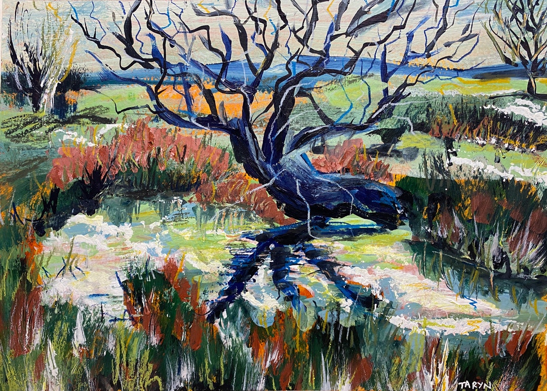 Tree Reflection Pond Painting Reflection Pond Art Abstract Landscape ...