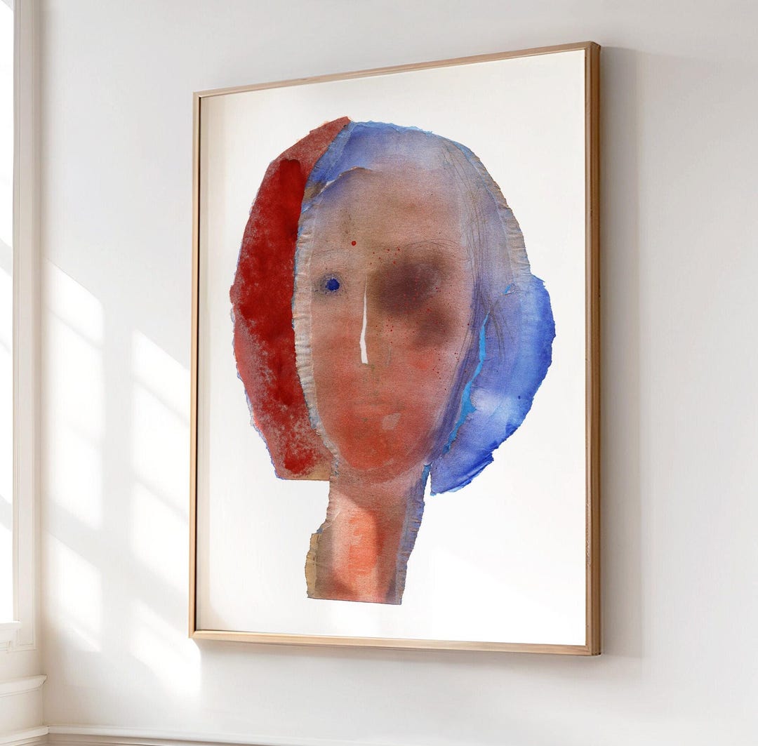 Abstract Giclee Print of Blue and Red Painting Portrait, Colorful Chic ...