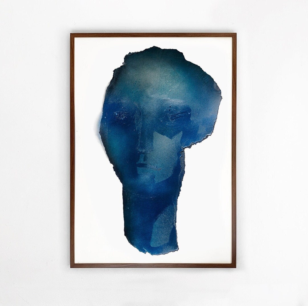 Abstract Blue Art Print, Monumental Head Form, Blue Painting Face ...