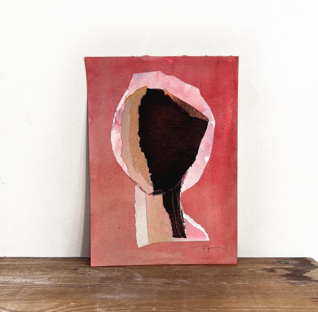 Original Earthy Red and Pale Pink Paper Painting, A4 Wall Art in Mixed ...