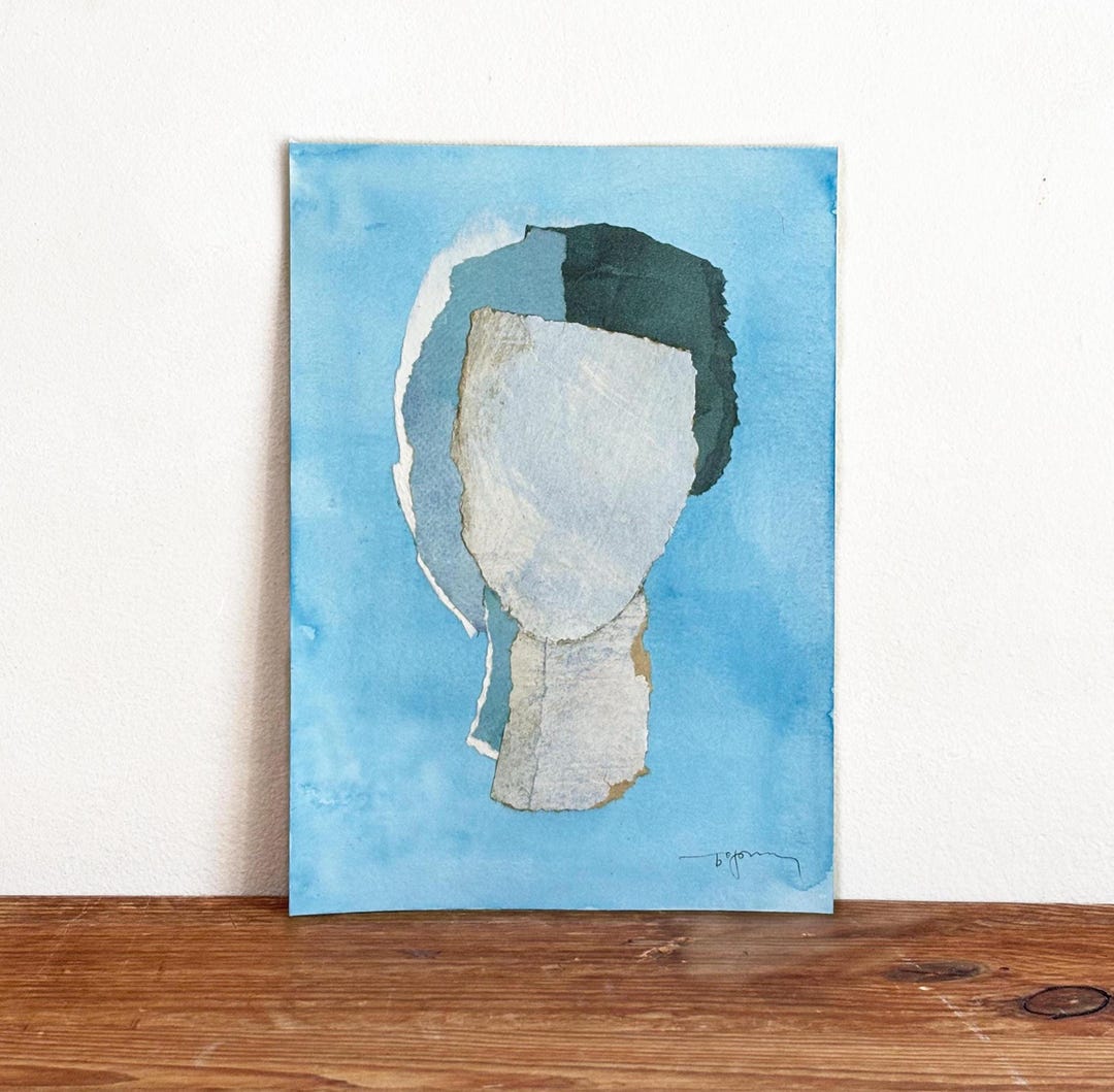 Original Bright Blue Abstract Portrait: Mixed Media Figurative Painting ...