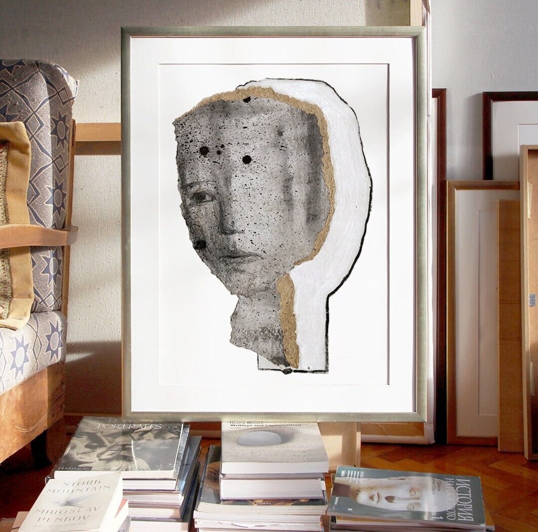 Mercy - Abstract Female Head Drawing Print, Large Charcoal Black and ...