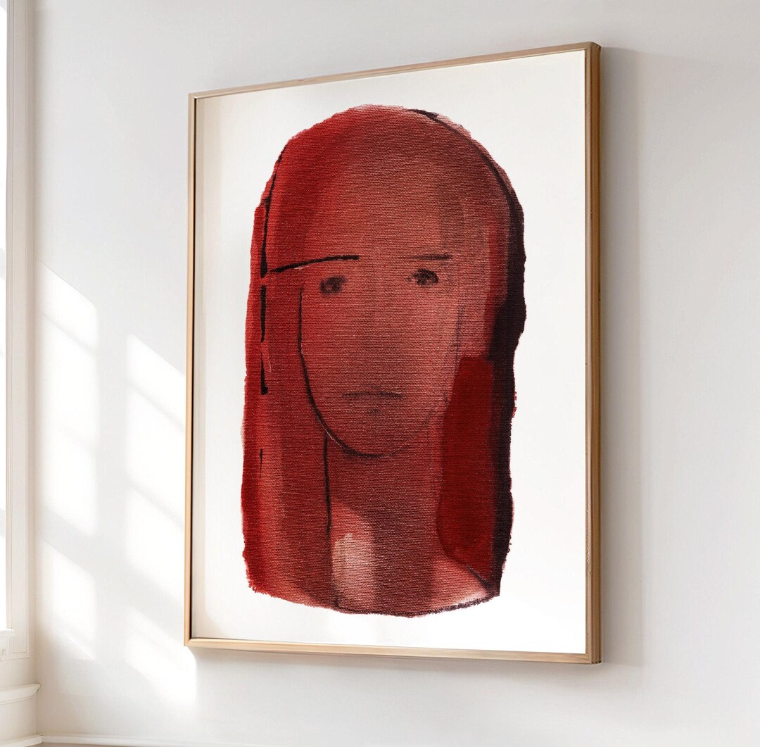 Red Woman Art Print of Original Painting Portrait, Modern Lady Face ...