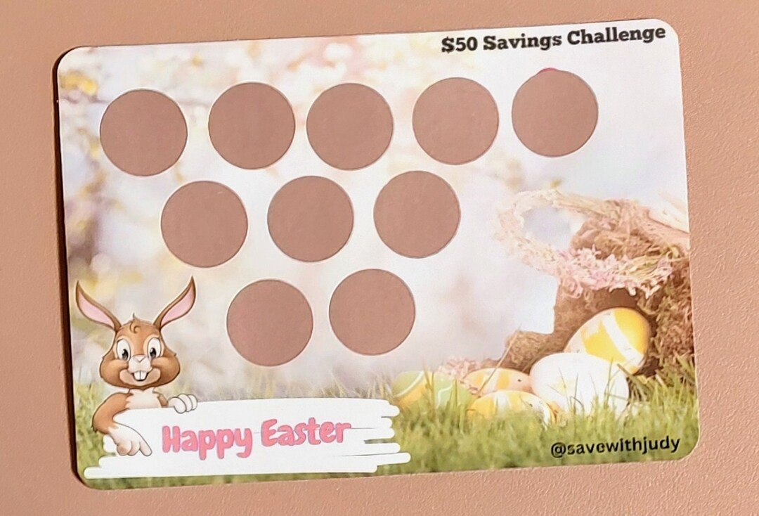 Cute Easter Bunny Scratch-off Savings Challenge | 5X7 | 50 Dollar ...