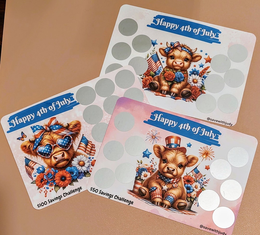 July 4th Highland Cow Scratch-off Savings Challenges | 5X7 | 1 50, 1 75 ...