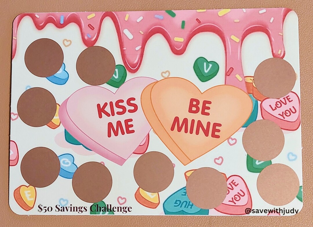 Valentine Heart Candy Scratch-off Savings Challenge | 5X7 | 50 Dollar ...