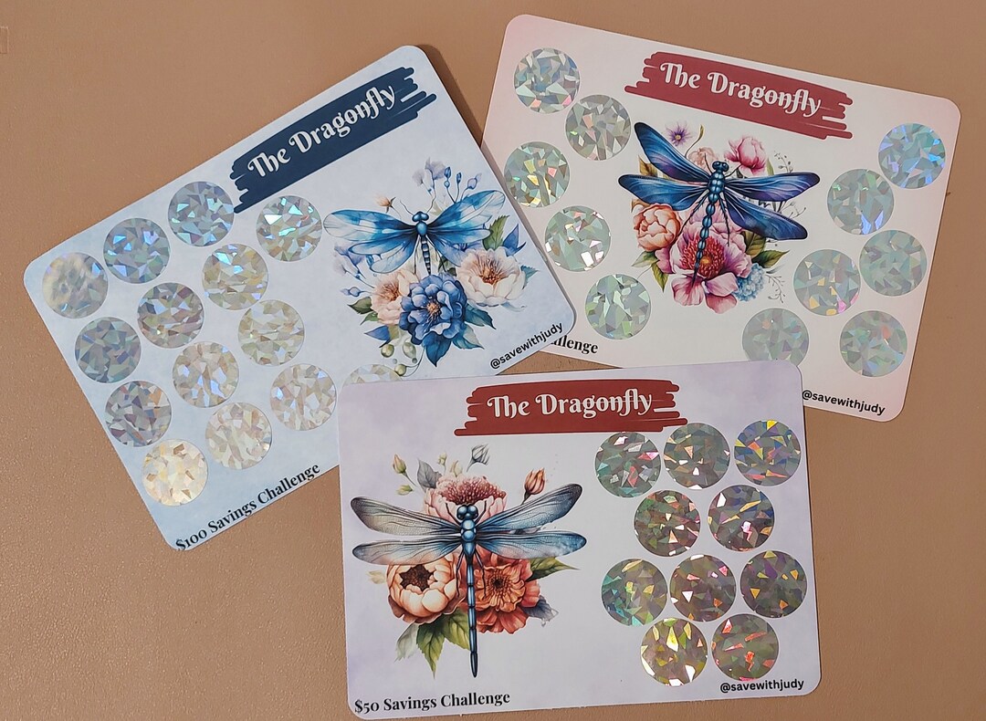 Dragonfly Scratch-off Savings Challenges | 5X7 | 1 50, 1 75 and 1 100 ...