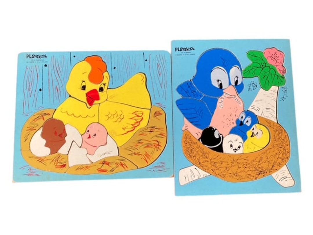 PLAYSKOOL , Wood, Puzzle , Hens, Birds ,chickens, Chicks, Nest, Flowers ...